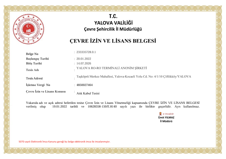 Sertifikalar & Lisanslar – Yalova Ro-Ro Terminali A.Ş.
